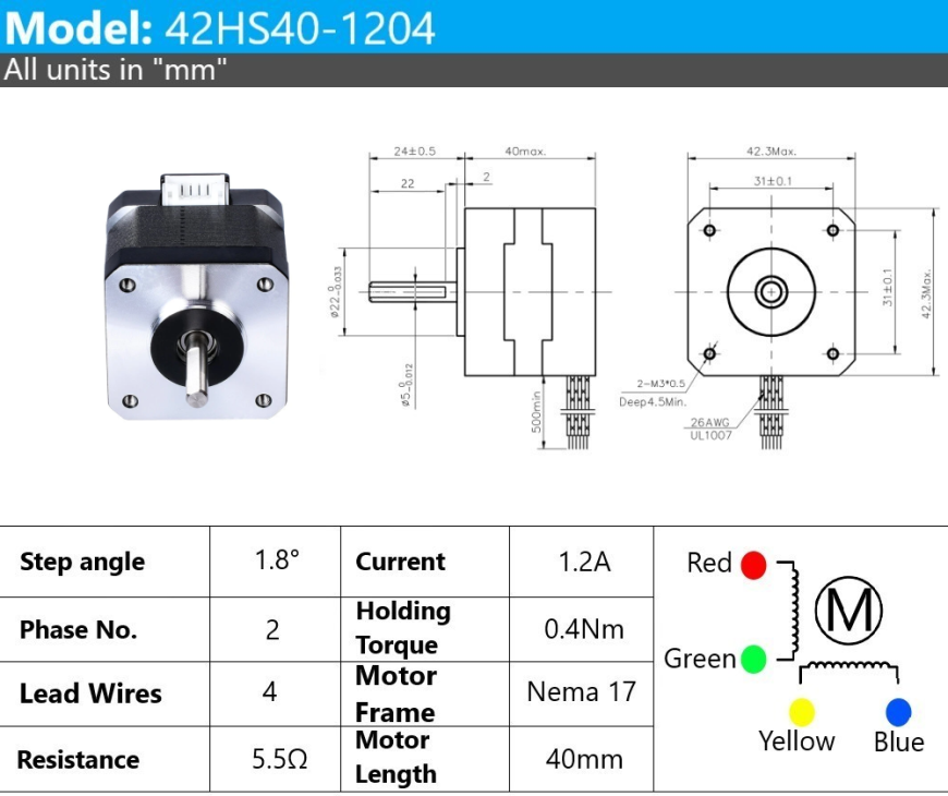 Stepper motor - Nema 17 - 0.4Nm - Isac Advanced Robotics